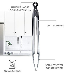 DRAGONN Premium Set of 12-inch and 9-inch Stainless-Steel Locking Kitchen Tongs, Set of 2 - Sturdy, Heavy Duty Tong Set - Great for Cooking, Grilling, and Barbecue, BBQ, Silver, DN-KW-TG2S