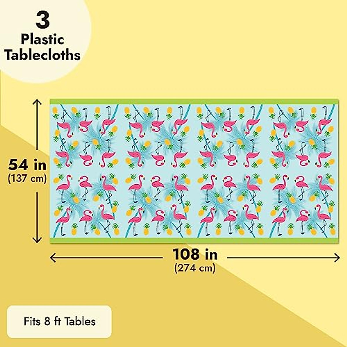 Juvale 3-Pack Flamingo Tablecloth for Pineapple Birthday Decorations, Plastic Table Cover for Tropical Hawaiian and Flamingo Party Supplies, Summer Pool Party (54x108 Inches)