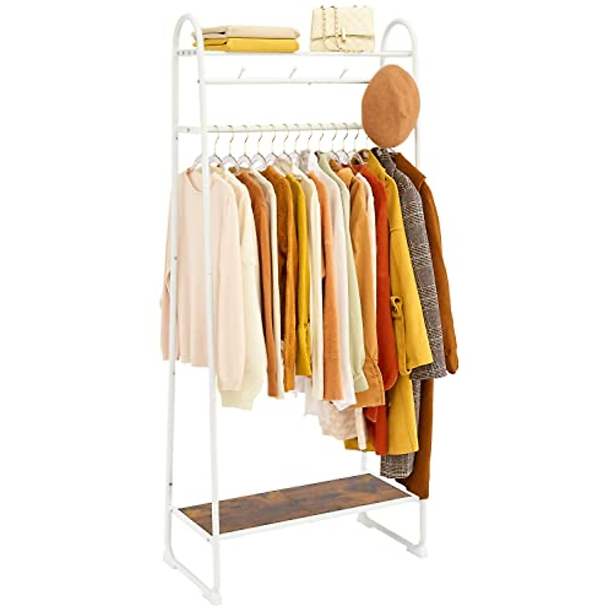 Tajsoon Clothes Rack, Freestanding Clothing Rack with Coat Hook, Metal Garment Rack with 2 Storage Display Shelf, Rustic Brown Wood, White
