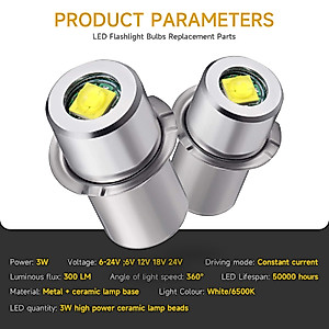 Tawoimle 2 Pack LED Flashlight Light Bulbs Replacement Parts, Longer Life and Brighter White Light Bulbs LED Conversion Kit, 12V 18V 19.2V 6-24 Volt 3W 300LM P13.5S Flashlight Bulbs