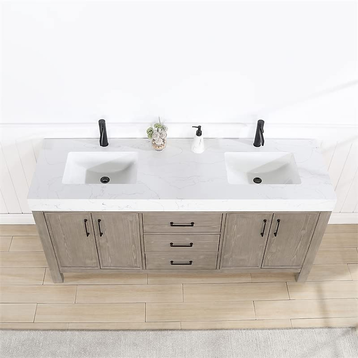 VINNOVA Leon 72" Double Bath Vanity in Fir Wood Grey with Lightning White Composite top