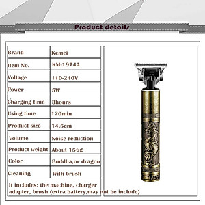 KEMEI Hair Clippers for Men Professional Cordless Electric Hair Grooming Trimmer, USB Rechargeable T-Blade 0mm Zero Gapped Baldheaded Haircut Styling Tools Kit,Buddha