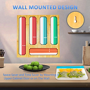 Bamboo Food storage bag organizer, kitchen drawer organizer, Wall Mount bag storage organizer, ziplock bag Storage Compatible with Gallon, Quart, Sandwich & Snack Variety Size Bags 1 Box 5 Slots