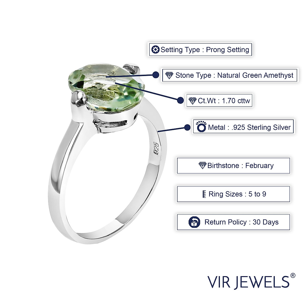 VIR JEWELS 1.70 cttw Green Amethyst Ring .925 Sterling Silver with Rhodium Oval 10x8 MM Size 7