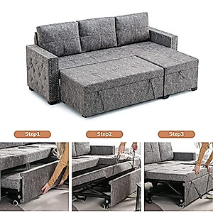 WOJ Life 84" Sectional L Shaped Sofa, Modern Modular Convertible Corner Couch, Two Seats Sofá Bed with 2 USB Chargers, Storage Chaise, Sleeper Independent Use as Coffee Table, Nail Headed, Gray