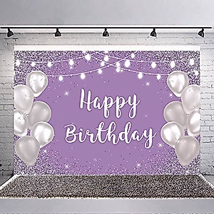 5×3ft Violet Purple Silver Happy Birthday Backdrop Girls Silver Balloon White Lights Girls 16th 20th 30th Birthday Party Banner Decorations Background Portrait Studio Props