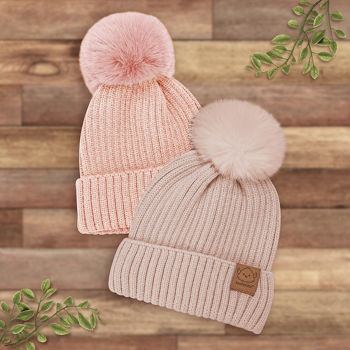 2-Pack Baby Hats for Girls, Boys - Stretchy Baby Beanies, Cute Newborn & Toddler Winter Hat, Soft & Warm Pom Pom Beanie for Infant, Toddler, Boys, Girls 6-36 Months (Fawn, M)