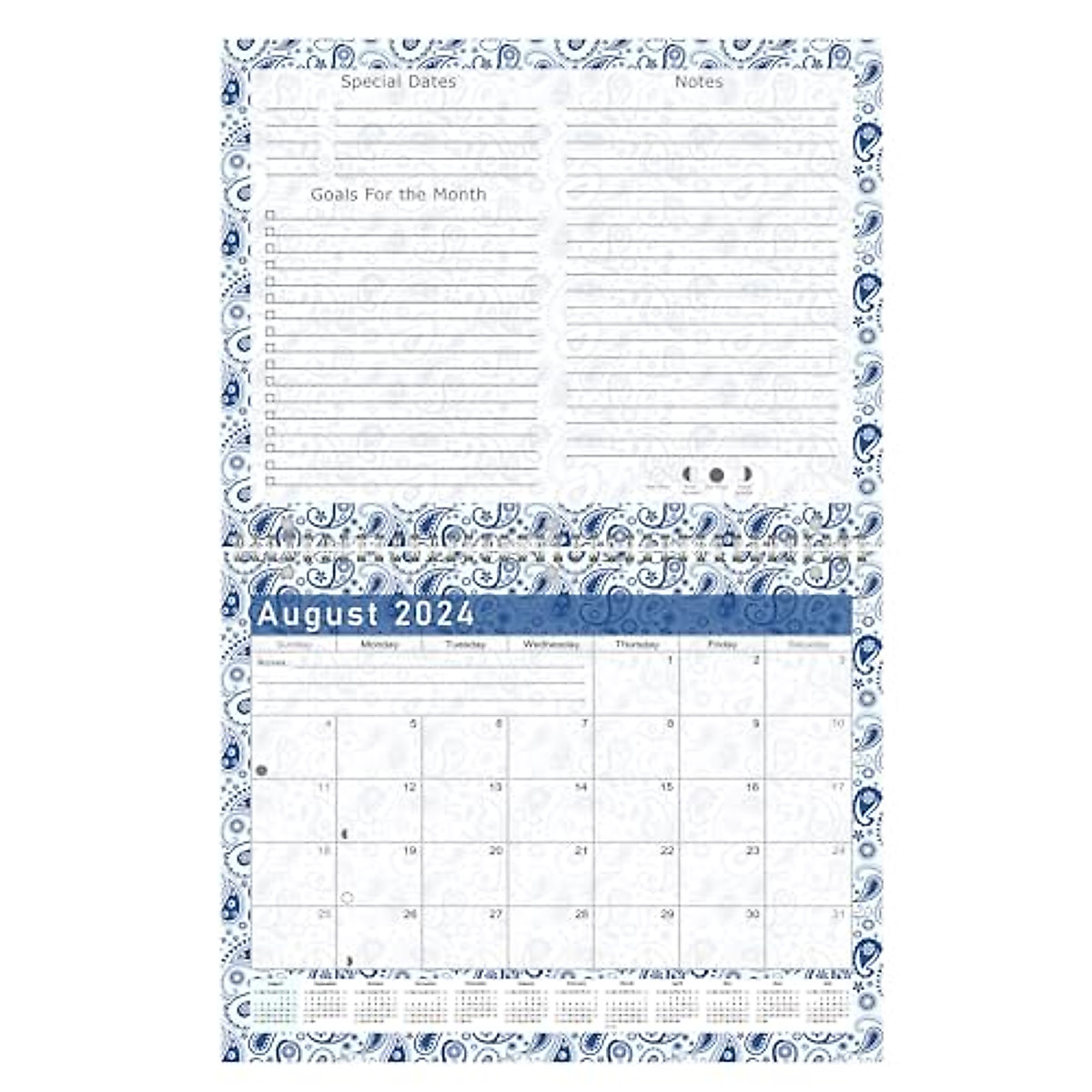 2024-2025 Academic Year 12 Months Student Calendar/Planner for Wall & Desk & 3-Ring Binder, for School, Teacher, Student (Blue Navy Paisley Edition #019)