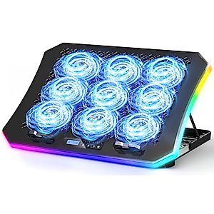 KeiBn Upgraded Gaming Laptop Cooler Pad with 9 Quiet RGB Fans, Cooling Pad for 15.6-17.3 Inch Laptops with 7 Height Stands, 2 USB Ports, Phone Stand-Blue