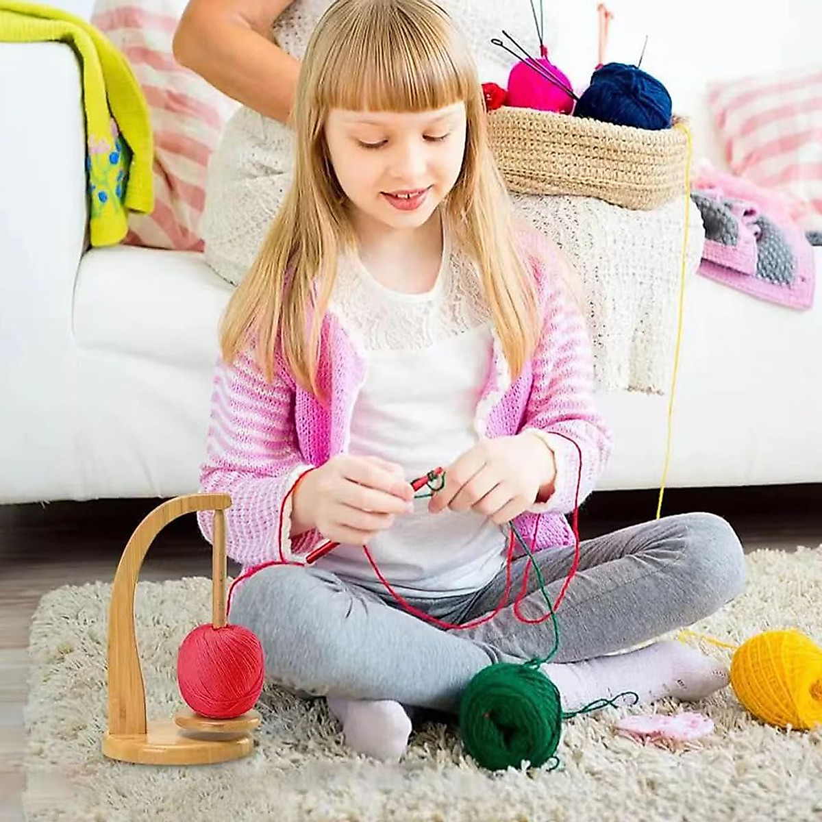 QKDS Yarn Holder for Knitting and Crocheting, Wooden Yarn Spinner with Magnetic Metal Twirling Mechanism and Anti-Slip Pads, Yarn Spindle Dispenser, Gift for Knitting Crochet Lovers(Natural Wood)