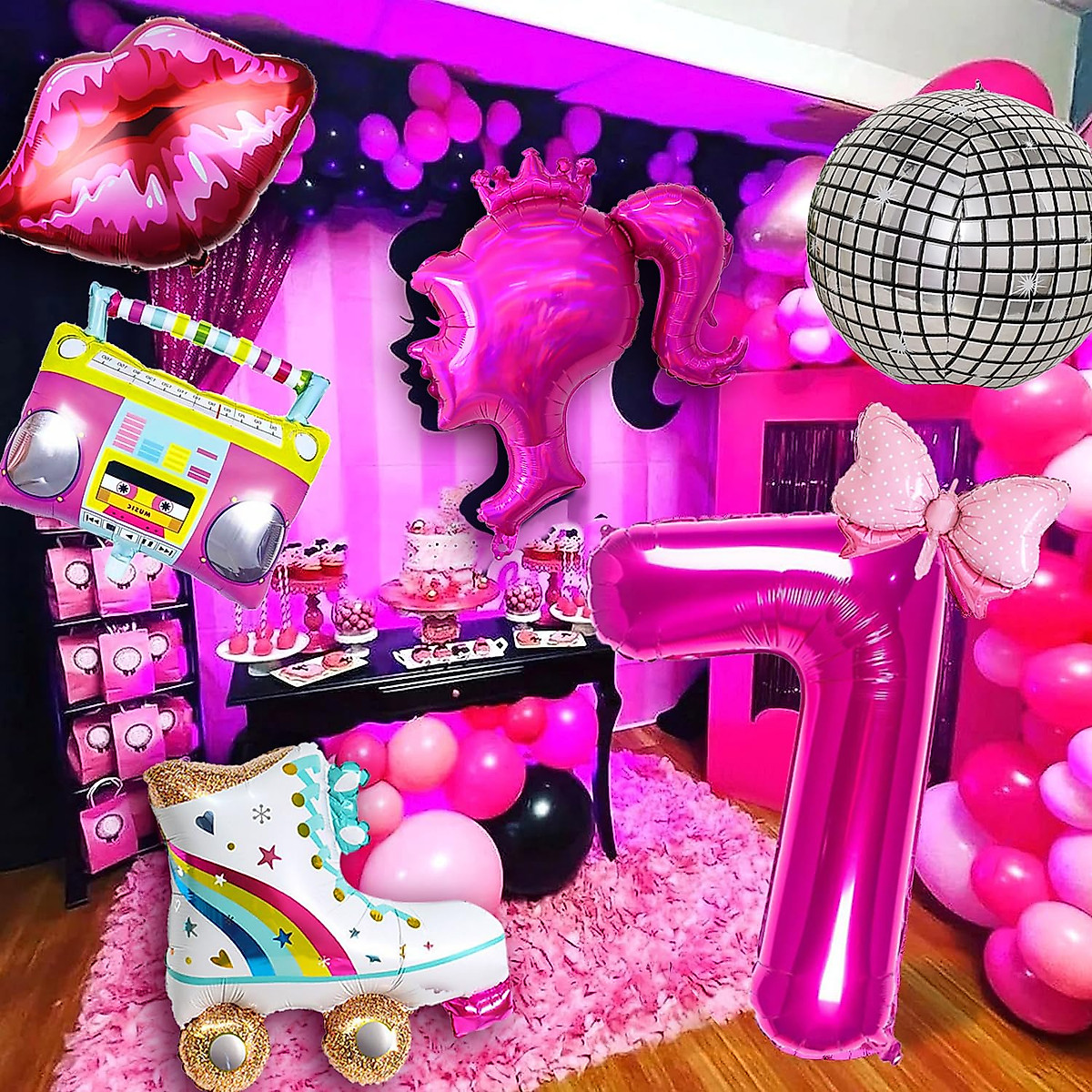 7 PCS Hot Pink Princess Foil Balloon Girl Head Balloons for Pink Princess Doll Theme Party Decorations Photo Booth Backdrop Little Girl Adult Baby Shower Bachelorette Makeup Birthday Supply