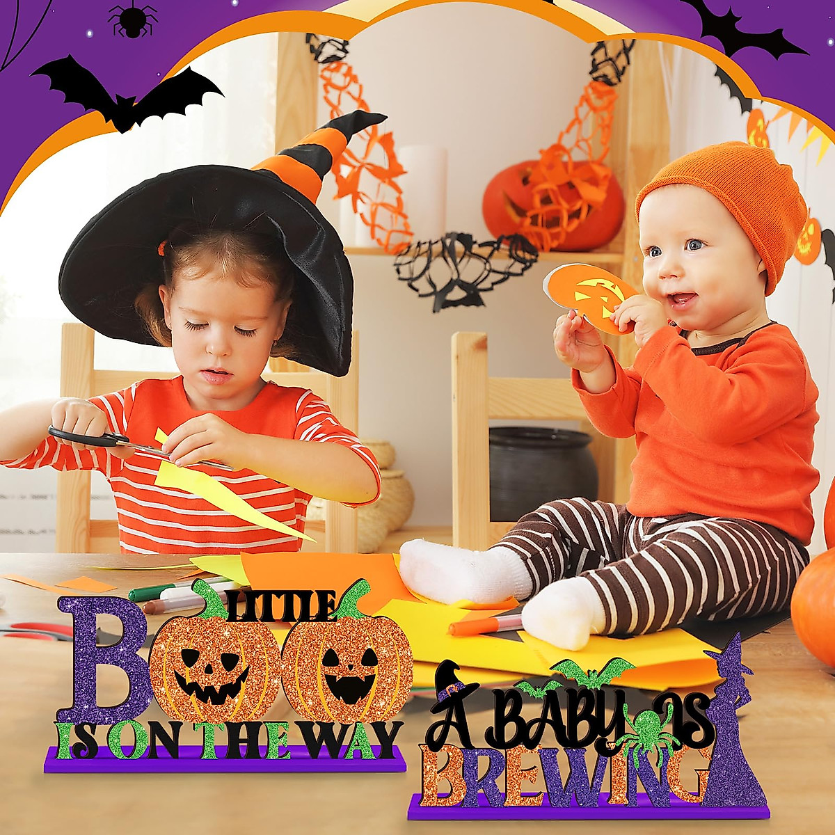 Threehoney 6 Pcs a Baby is Brewing Halloween Table Centerpiece Wooden Pumpkin Table Centerpiece Black Purple Witch Block Sign Halloween Baby Shower Decorations for Dinner Gender Reveal Party