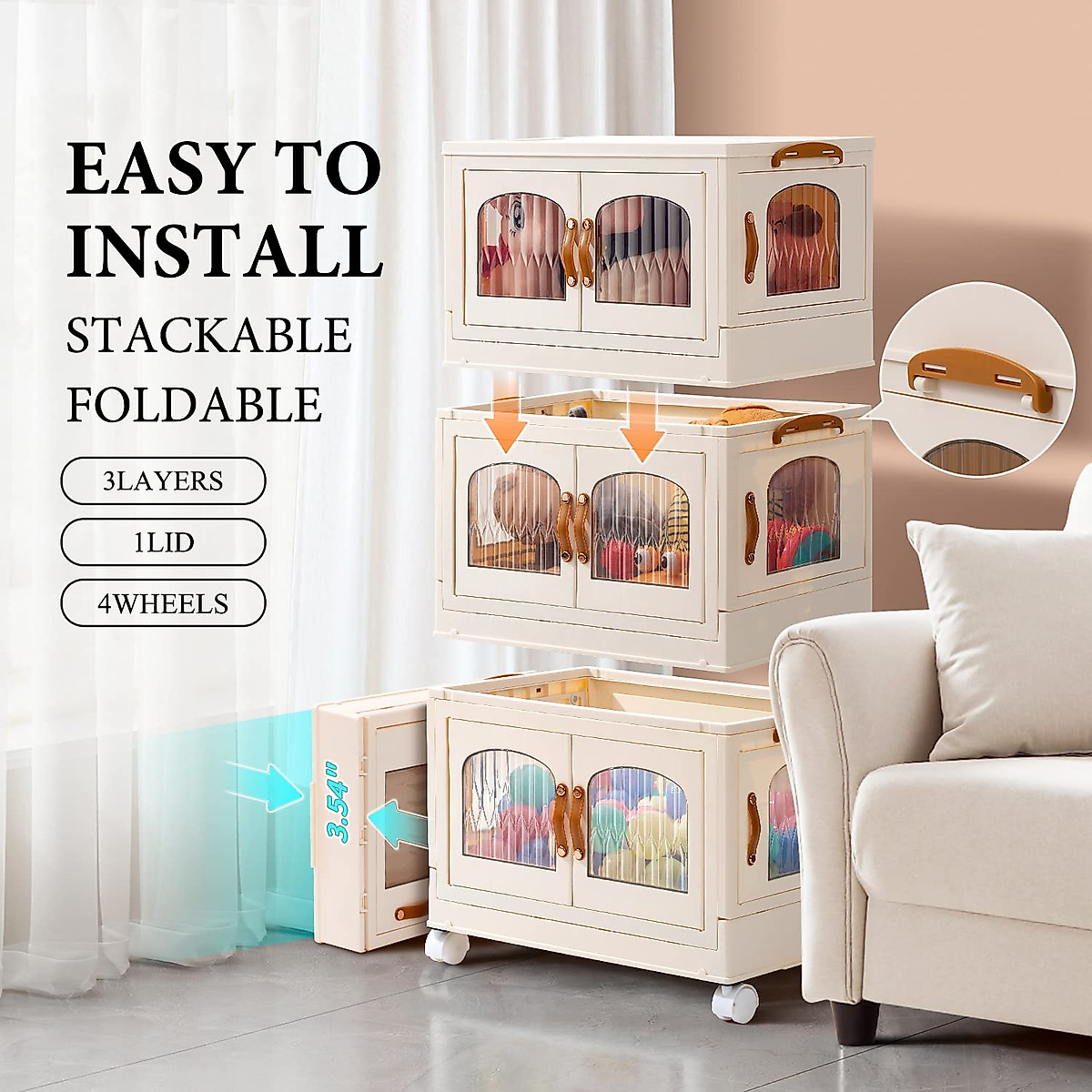 EHAMILY Stackable Storage Bins with 1 Lid Set 3 Tier,19 Gal Clear Plastic Folding Storage Box with Wheel and Door,Large Foldable Cabinet Collapsible Bin for Closet Organizer,Clothes,White