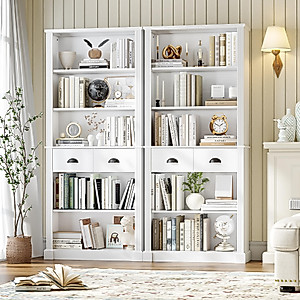 FACBOTALL 5-Tier Bookcase, Book Shelf with 2 Drawers, Tall Bookcase with Shelves, Vintage Display Storage Shelves, Bookshelves for Bedroom, Living Room and Home Office White