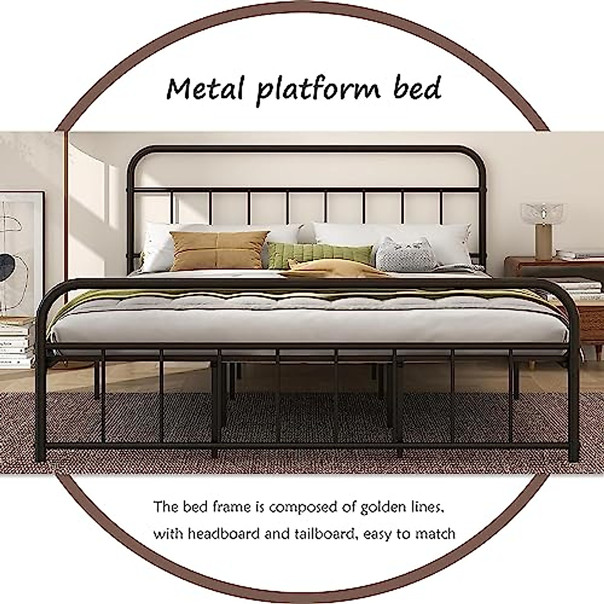 alazyhome King Bed Frame Metal Platform with Vintage Headboard and Footboard Easy Assembly No Box Spring Needed Steel Slat Support Black