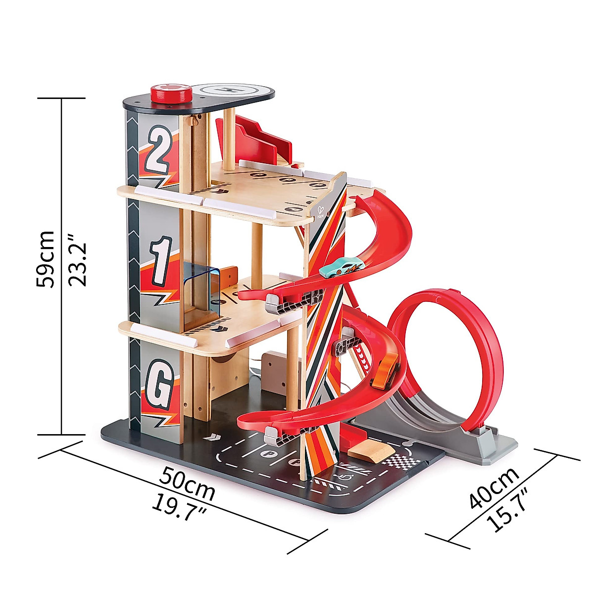 Hape Gearhead Stunt Garage Kids Wooden Toy Car Parking Garage Playset w/Elevator and 2 Exit Tracks, Detachable Loop, Includes 2 Wooden Toy Racecars