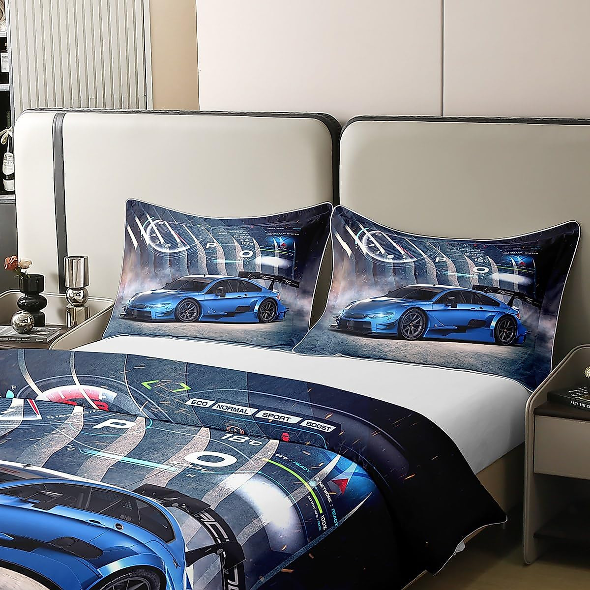 Erosebridal Kids Race Car 100% Cotton Duvet Cover Set Twin Size, Sports Car Comforter Cover Extreme Sport Theme Bedding Set, Modern Home Room Decorative Bedding Set with 1 Pillow Sham, 2 Pcs