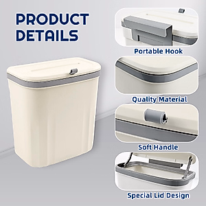 3 Pack Hanging Trash Can with Lid, 10L/2.6 Kitchen Compost Bin for Counter Top or Under Sink, Small Plastic Waste Basket Wall Mounted Garbage Can for Cupboard/Bathroom/Bedroom/Office/Camping (White)