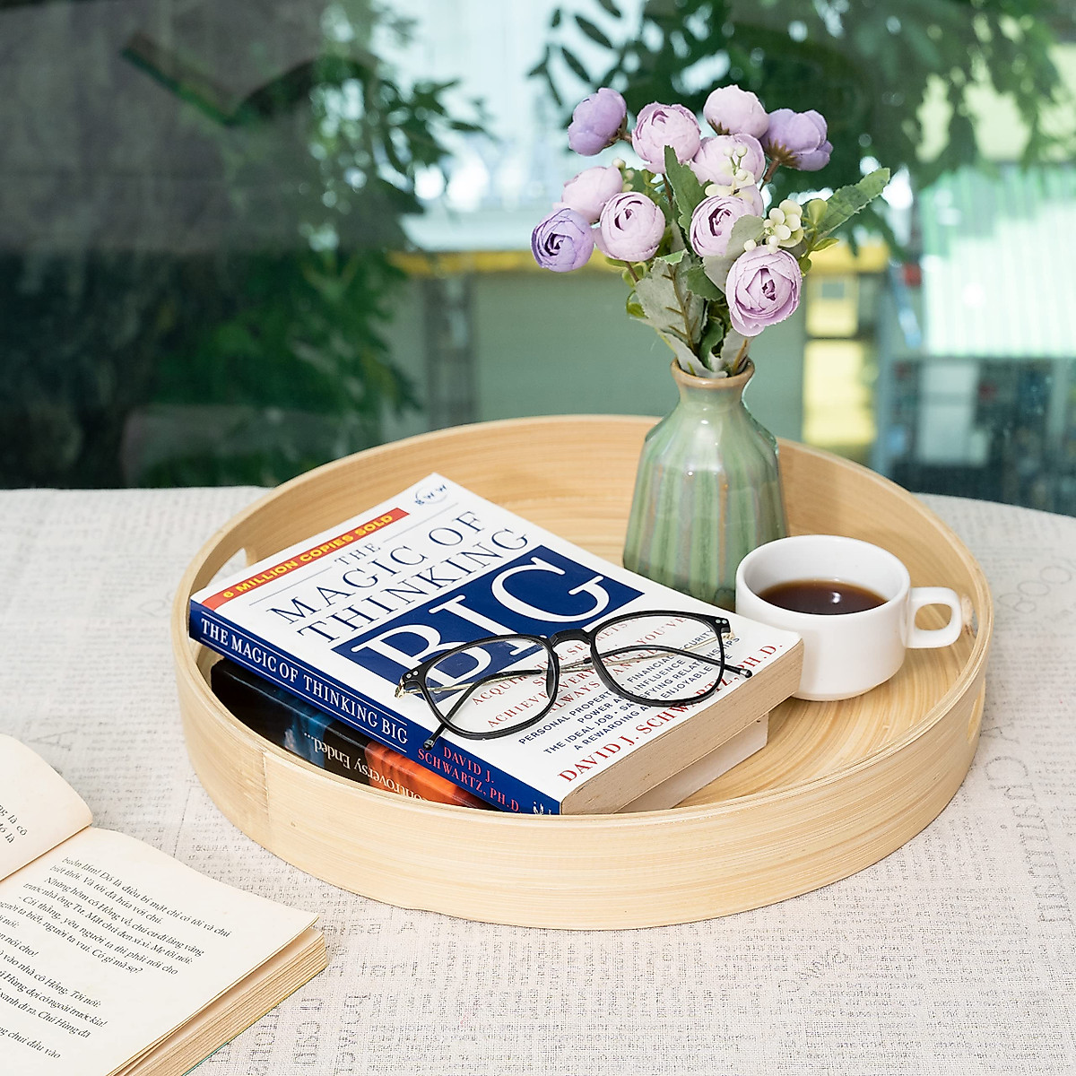 Round Serving Tray with Handles Bamboo Trays Serving Large Decorative Tea Trays for Coffee Table Bar Home Decor Bathroom Centerpieces Outdoor Organizing Tray for Vanity Fruit Set 2 (Bamboo Natural)