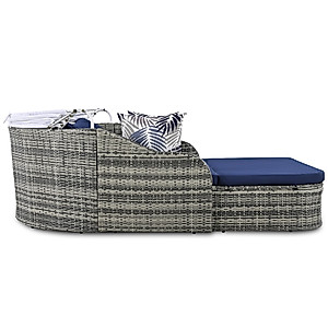 Merax, Double Lounge Bed, Blue Outdoor Patio Rattan Daybed Sunbed with Retractable Canopy, Sectional Conversation Sofa Set for Backyard and Porch