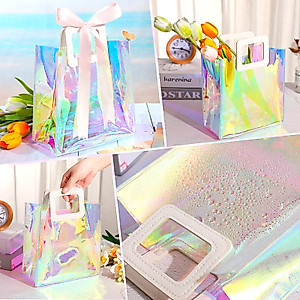 Saintrygo 4 Pcs Valentine's Day Small Gift Bags Holographic Iridescent Bags Clear Reusable Gift Tote Bags PVC Wrap Bag for Valentine's Day Bridal Baby Shower Birthday Wedding Party(8.3 x 8 x 4 Inch)