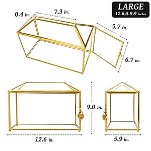 REDHUGO 12.6x5.9x9 inches Large Glass Card Box Handmade with Slot and Lock, Wedding Card Boxes for Reception, Graduation, Gift Cards, Party, Brass Geometric Terrarium, Golden Decorative Box