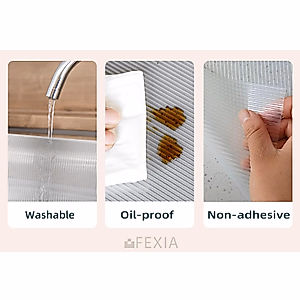 FEXIA Shelf Liner for Kitchen Cabinets, 12 Inch x 25 FT, Non Adhesive Drawer Liner, Refrigerator Liners, Washable Oil-Proof Fridge Pads Shelves Drawer, Cabinet Mat for Shelves (Clear)