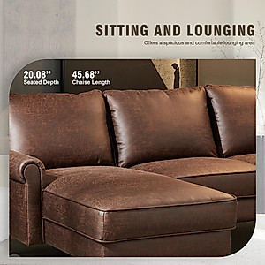 HOOOWOOO 81.51" L Shaped Couch Mid Century Modern Sectional Couch Brown Faux Leather Sofa with Left Chaise 3-Seater Rolled Arms Solid Wood Frame for Living Room Apartment,Chocolate Brown
