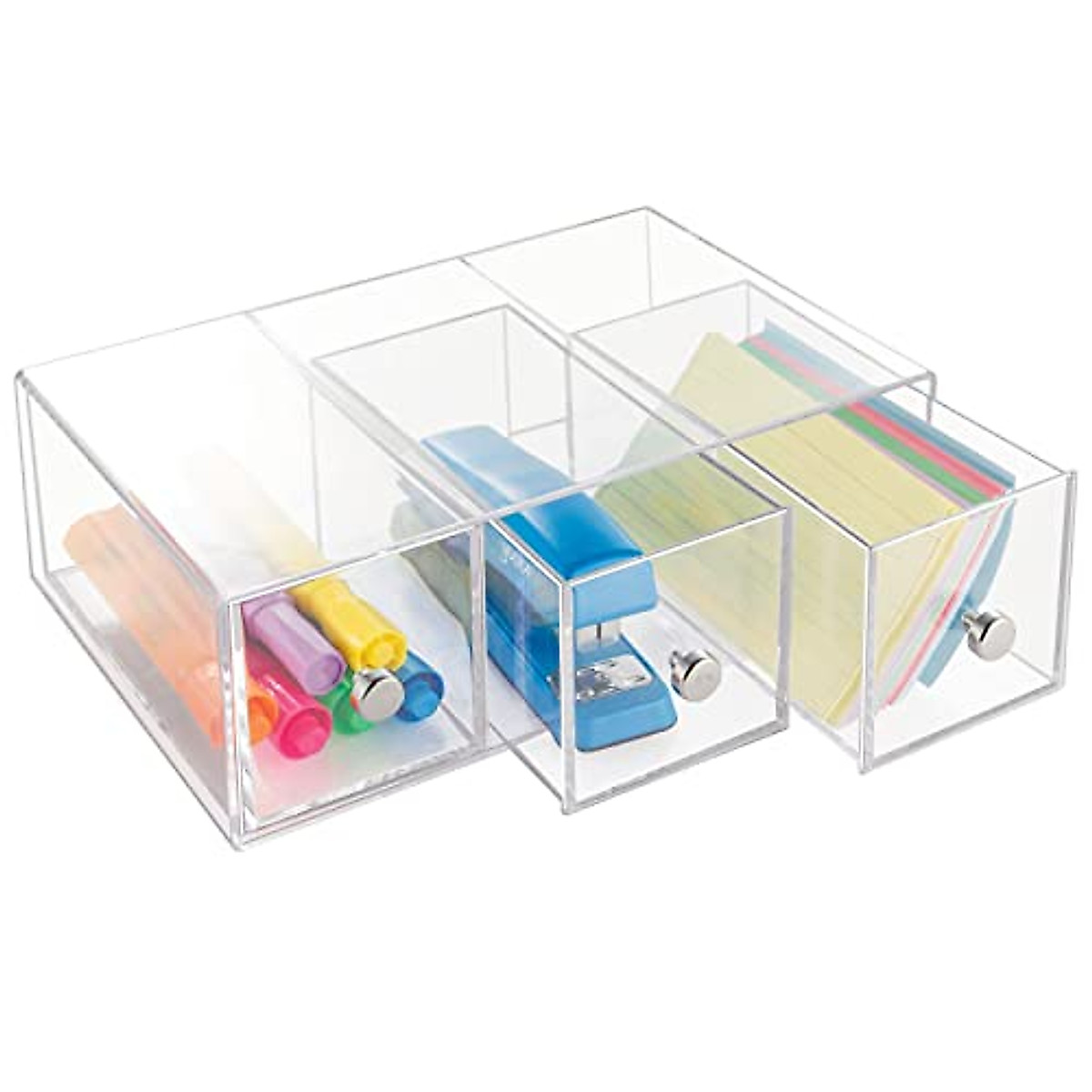 mDesign Plastic Stackable Desktop Organizer Tower Storage Station with 3 Drawers for Home Office - Holds Pens, Sticky Notes, Binder Clips, Notepads, or Gel Pens - Lumiere Collection - 2 Pack - Clear