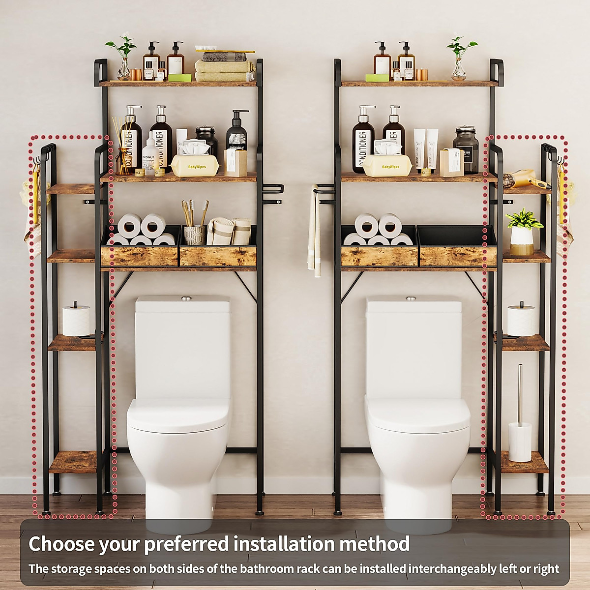 Homsorout Bathroom Organizers and Storage Cabinet - Over The Toilet Storage Cabinet with Adjustable Shelf 2 Baskets, Bathroom Shelf with Hooks Bathroom Storage Rack, Brown