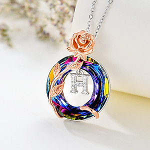 OJK H Necklace Sterling Silver Rose Initial Letter Pendant Necklace with Circle Volcano Crystal Birthday Anniversary Christmas Graduation Mothers Day Jewelry Gifts for Women Her Girls
