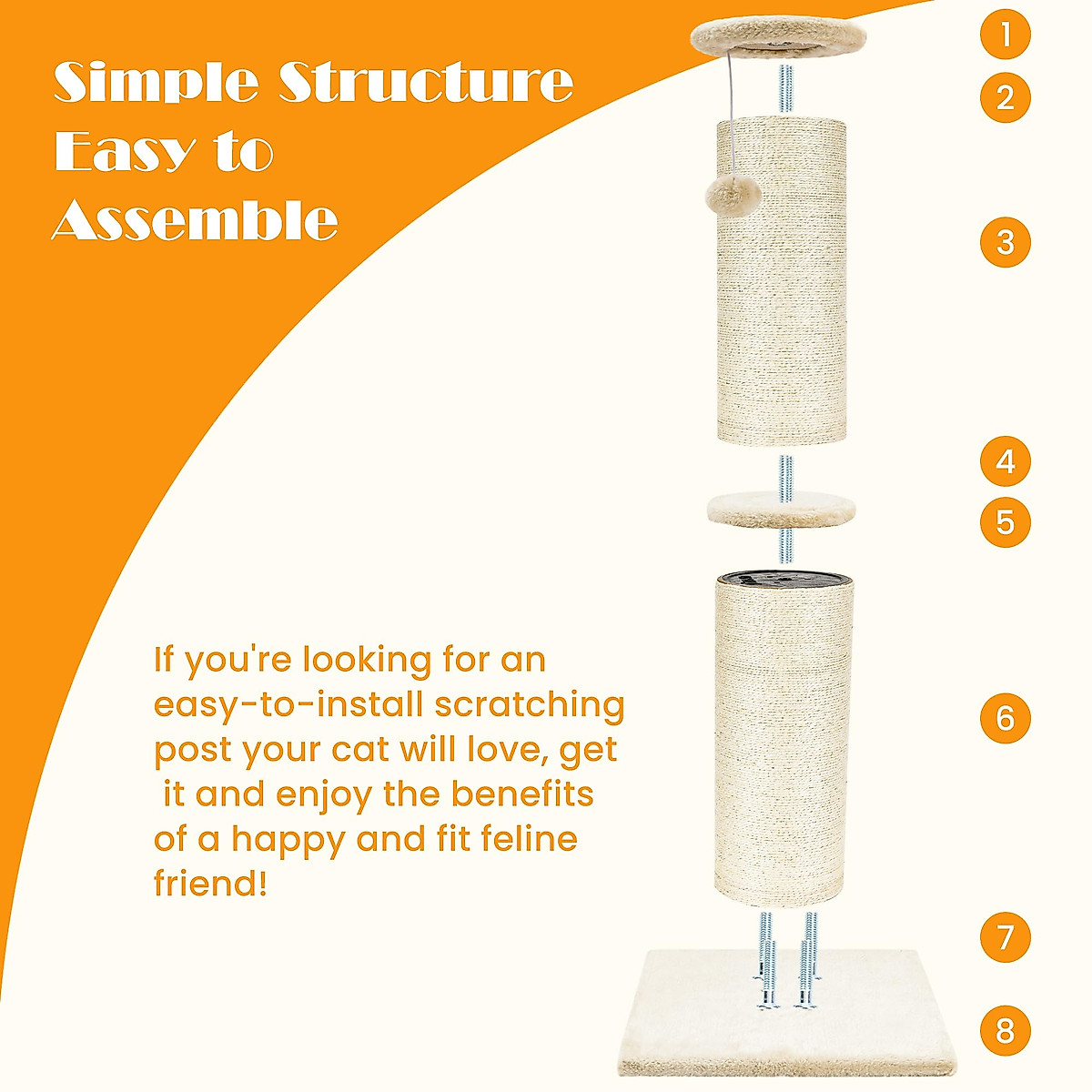 PAWSCRAT Cat Scratching Post 32 Inch High, 5.5 Inch Large Diameter Natural Sisal Cat Scratch Post, Scratch-Resistant and Durable Tall Cat Scratcher for Indoor Cats, Protect Your Furniture, Beige