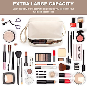 Cosmetic Travel Bag, Double Layer Cosmetic Bag, Large Makeup Bag, Travel Makeup Bag, Makeup Organizer Bag, Leather Cosmetic Bag, Waterproof Toiletry Bag for Women Girls (White)