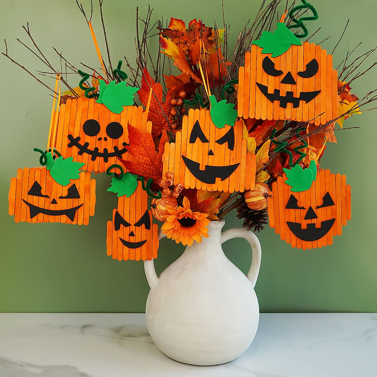 Winlyn 24 Sets Pumpkin Crafts Kits Halloween Crafts Fall Kids Crafts DIY Pumpkin Ornaments Decorations Art Sets Craft Sticks Pumpkin Foam Stickers Arts and Crafts for Kids School Classroom Activity