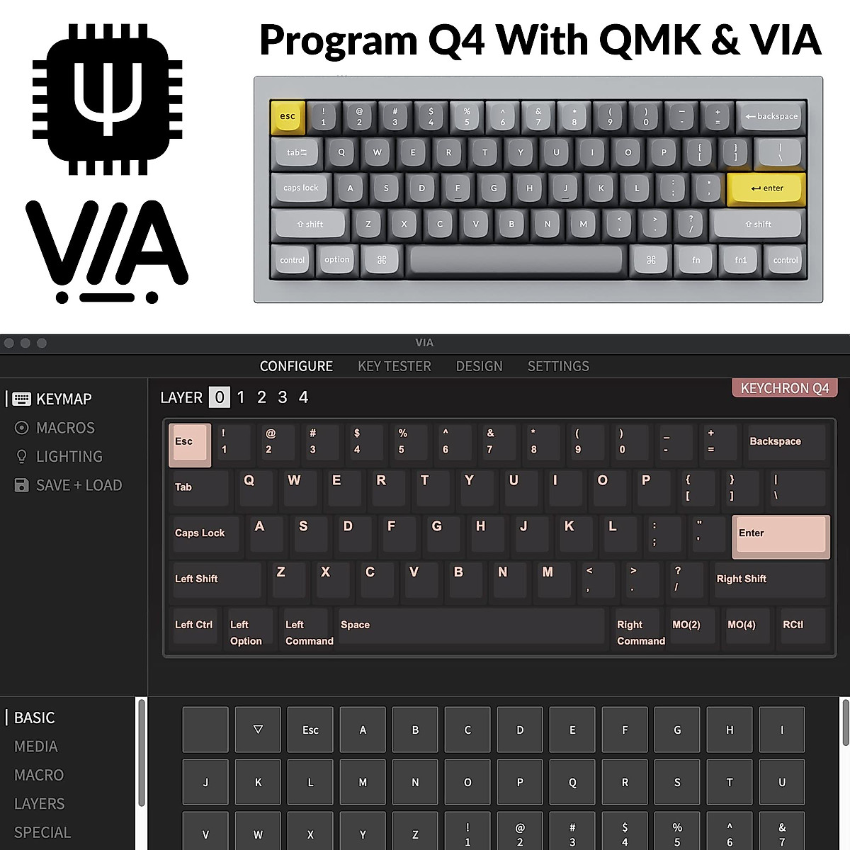 Keychron Q4 Wired Custom Mechanical Keyboard, QMK/VIA Programmable Macro, Full Aluminum, Hot-Swappable Gateron G Pro Brown Switch, 60% Layout Double Gasket Compatible with Mac and Windows - Gray