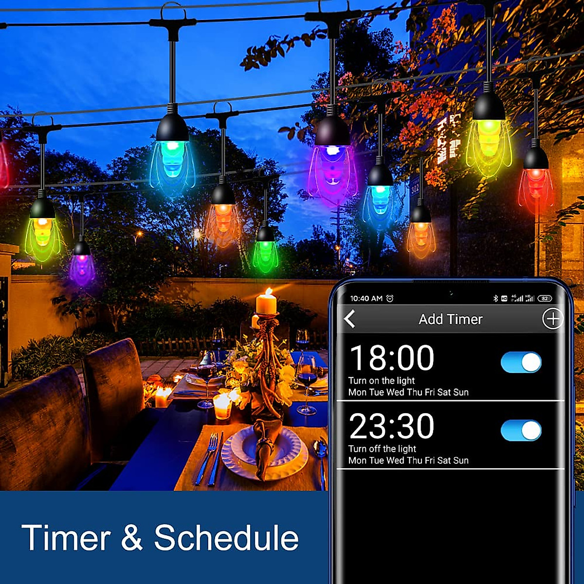svaha Outdoor String Lights, 48FT RGBW Patio Lights App Control, USB Powered Color Changing Outdoor String Lights IP65 Waterproof with DIY and 210 Scene Modes, Dimmable and Connectable for Garden.