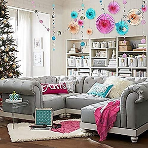 Pastel Blue Pink Peach Tissue Paper Fan Garland Decoration Set 3D Fan Glittering Circle Star Banner Backdrop for Easter Birthday Wedding Graduation Christmas Parties Home Shop Office School Nursery