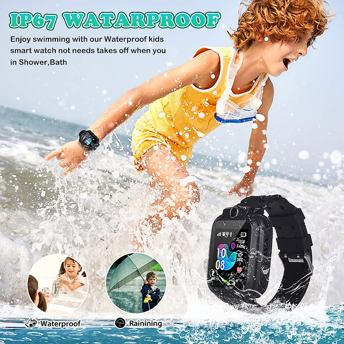 Kids Smart Watch, IP67 Waterproof LBS Positioning Watch HD Touch Screen, with SOS Two-Way Call Clock Camera SIM Card Slot Compatible with iOS and Android（Black）