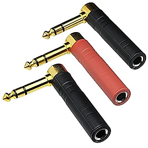 CNCESS CESS-237 Headphone / Earphone Right-Angle Adapter, 6.35mm 1/4-inch TRS Stereo Female to Male, 3-Pack (2 Black + 1 Red)