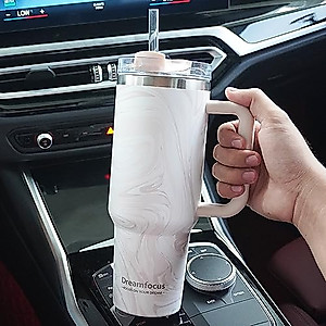 Dreamfocus 40 oz Swirl Rose Quartz Tumbler with Handle Straw and Lid Insulated Stainless Steel Water Bottle Cup Travel Coffee Mug