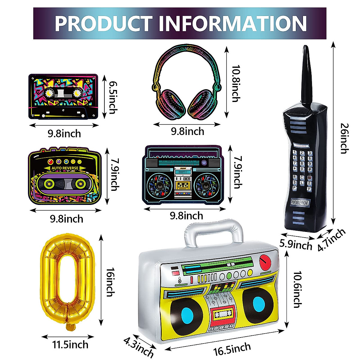 26 Pieces 80s 90s decorations Inflatable Radio Boombox Inflatable Mobile Phone Gold Inflatable Foil Chain Balloons 80s 90s Props Retro Cassette Headphones Player Cutouts for Hip Hop Party Decoration