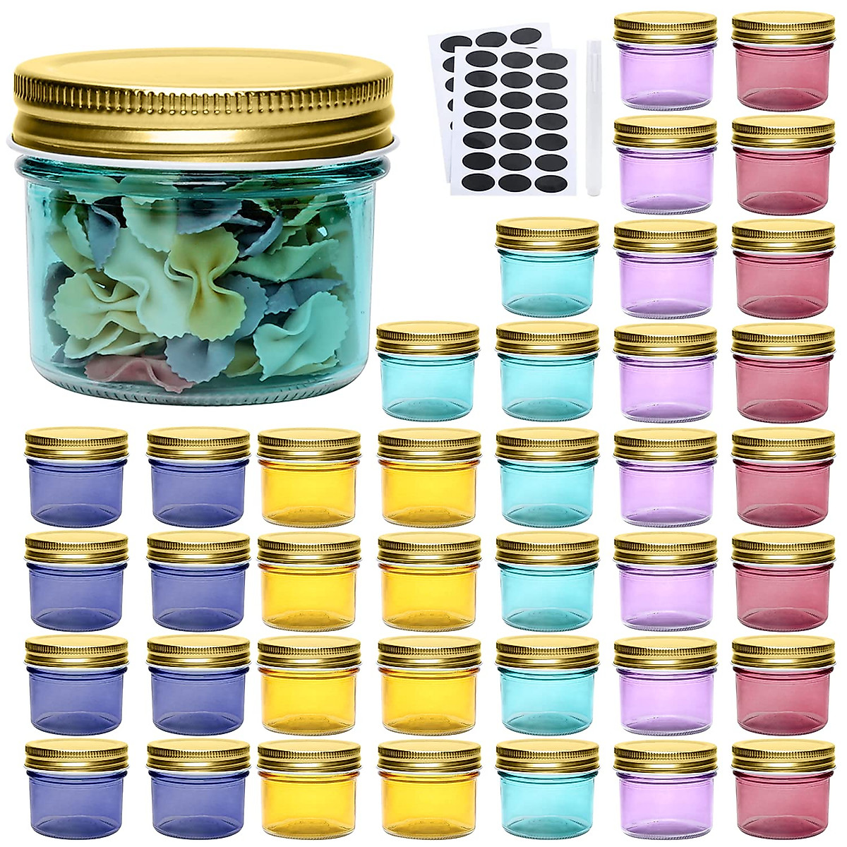 Encheng Glass Jars With Golden Lids 4oz,Small Glass Spice Jars For Herb,Jelly,Jams,Colorful Regular Mouth Manson Jars For Candle Holder,DIY Crafts,40 Pack