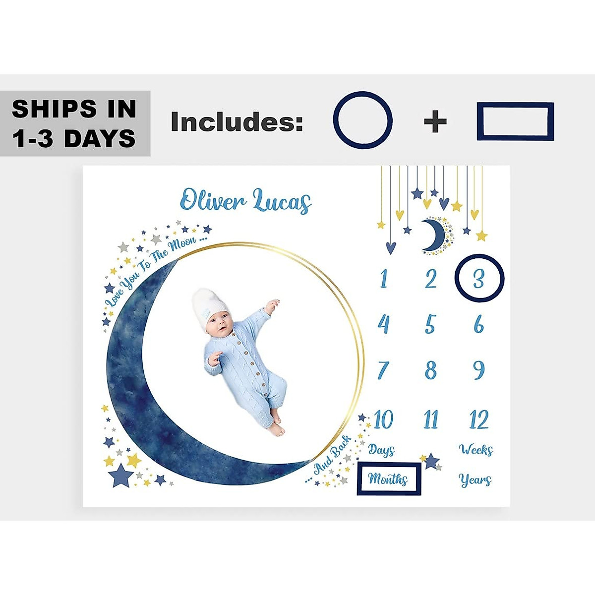 Personalized Baby Milestone Blanket 50x40 Moon and Stars Boys, Customized Milestone Blanket, Monthly Milestone Blanket, Baby Photo Prop Blanket, Baby Growth Age Chart, Baby Shower Keepsake Gift