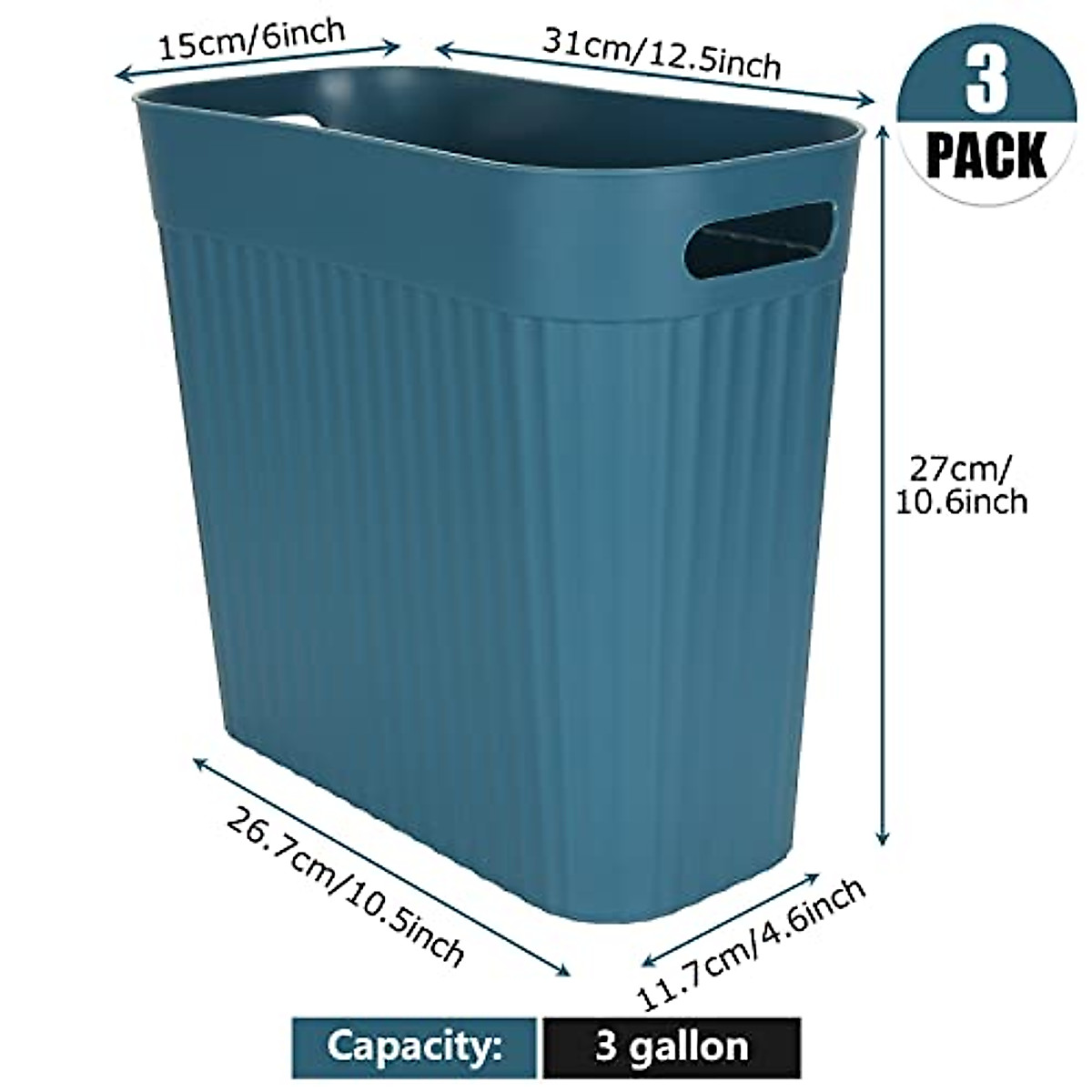 ZOFORTY 3 Pack Slim Plastic Trash Can Wastebasket 3 Gallon Garbage Container Bin with Handles for Bathroom, Kitchen, Office, Dorm (Blue, Rectangular)