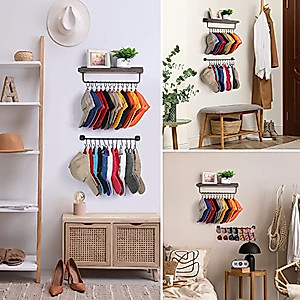 HYDERMUS Hat Rack for Wall with Shelf for 24 Baseball Caps Metal Hat Organizer with 12 Clips and 12 Hook Hat Holder Wall Mounted for Baseball Caps Trucker Hat and Others Hat Weathered Walnut