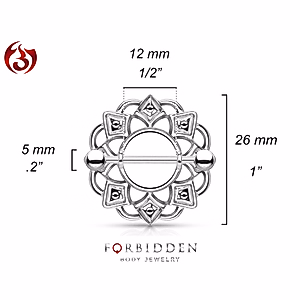 Forbidden Body Jewelry Pair of Surgical Steel Tribal Sun Nipple Ring Shields, 5/8 Inch Barbells, Silver Tone