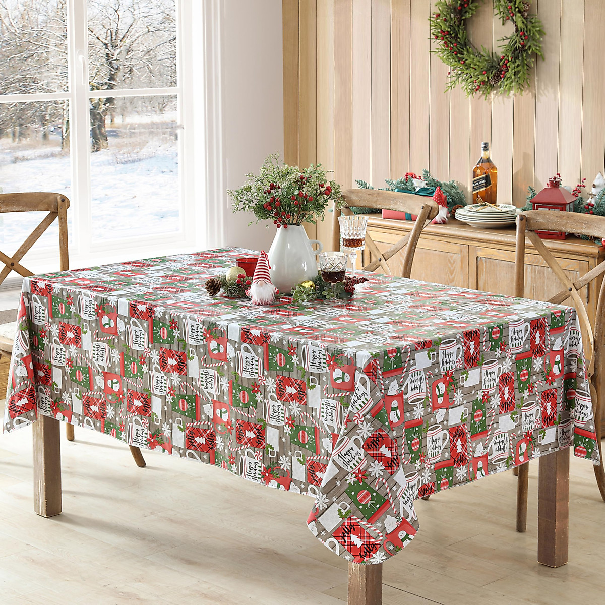 Newbridge Jolly Holiday Candy Cane Print Flannel Back Vinyl Christmas Tablecloth - Happy Holidays Grey, Red and Green Xmas Wipe Clean Easy Care Tablecloth, 60” x 120” Oblong/Rectangle