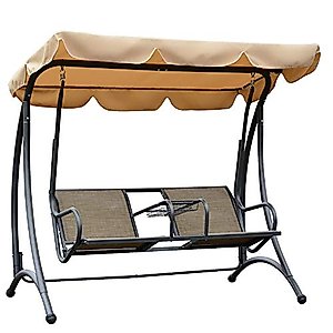 Outsunny 2-Seat Patio Swing Chair, Outdoor Porch Swing Glider with Adjustable Canopy, Cup Holders and Storage Tray, for Garden, Poolside, Backyard