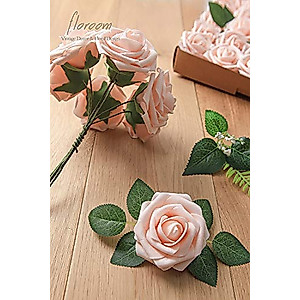 floroom Artificial Flowers 25pcs Real Looking Blush Foam Fake Roses with Stems for DIY Wedding Bouquets Bridal Shower Centerpieces Party Decorations