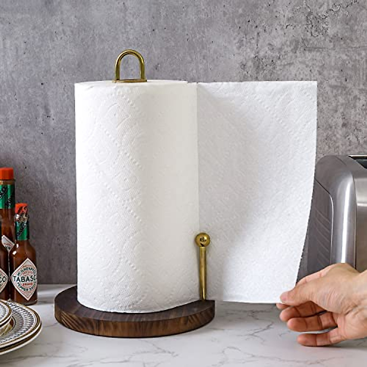 MyGift Modern Brass Tone Metal Countertop Paper Towel Holder with Burnt Solid Wood Base, Hand Paper Towel Roll Dispenser Rack